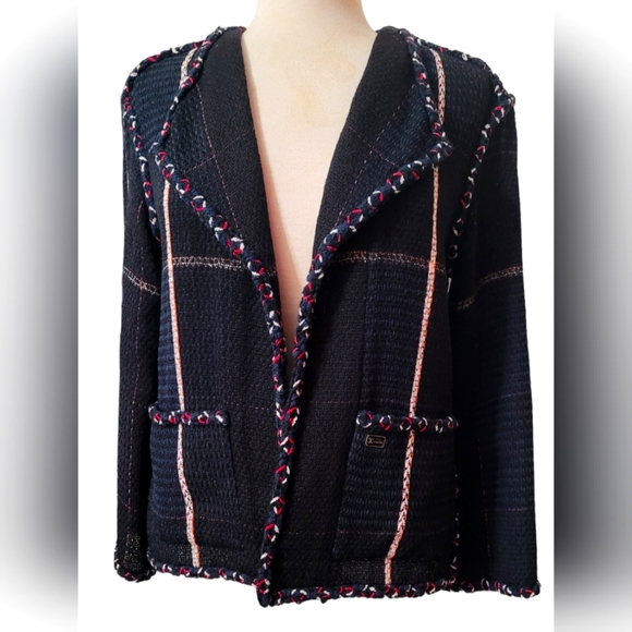 CHANEL | Tops | Chanel Black And Navy Blue Braided Trim Jacket Size 38 ...